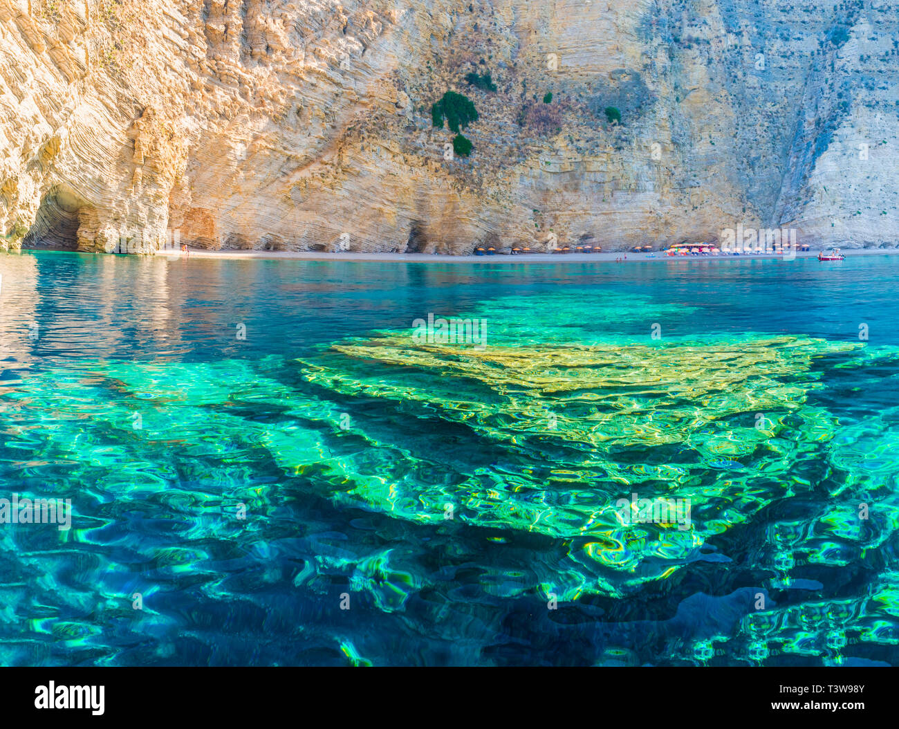 Clear water, rocks formations of Paradise beach, Ionian sea coast ...