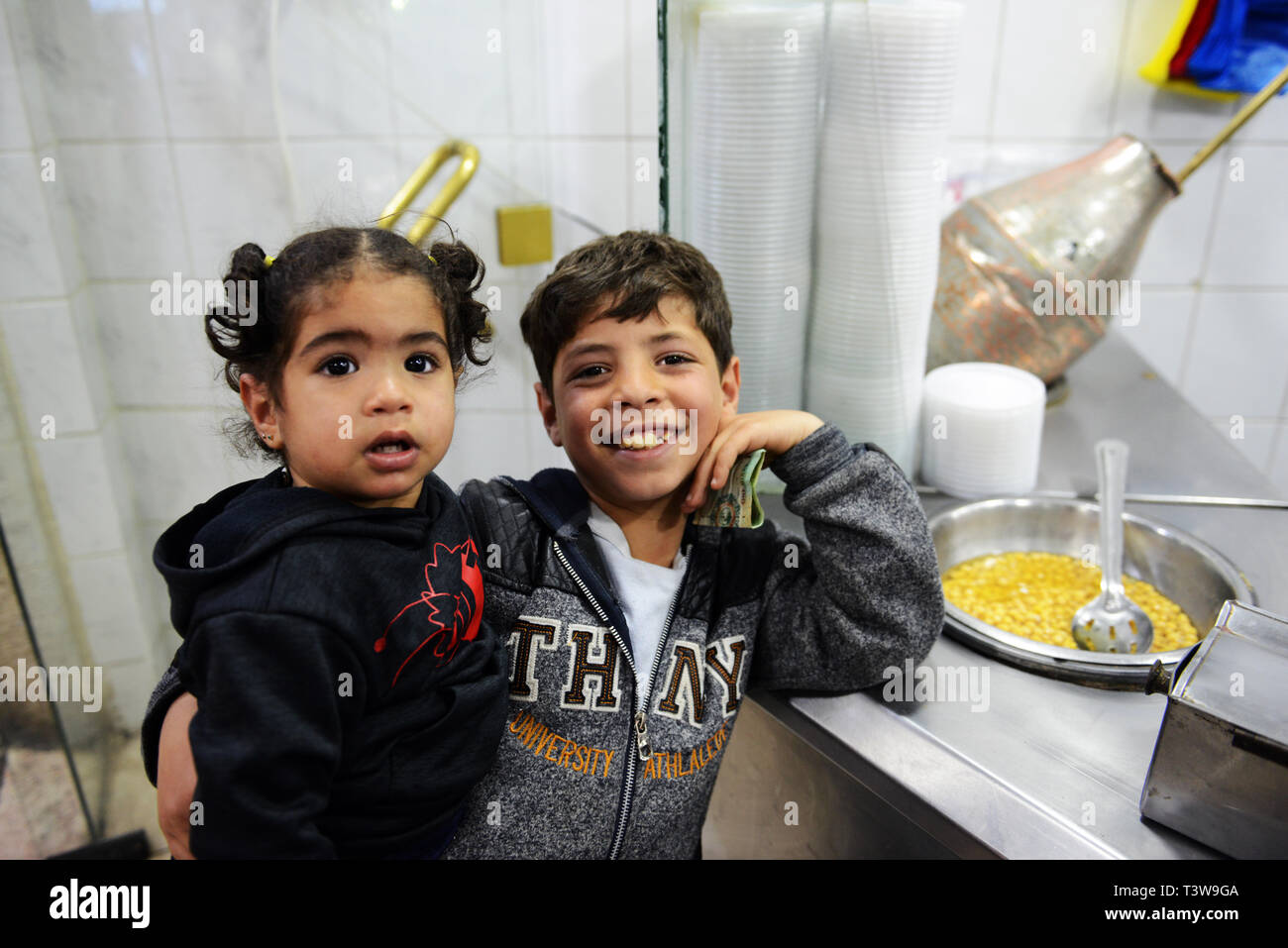 Jordanian children in a small Foul and Hummus restaurant in Madaba ...