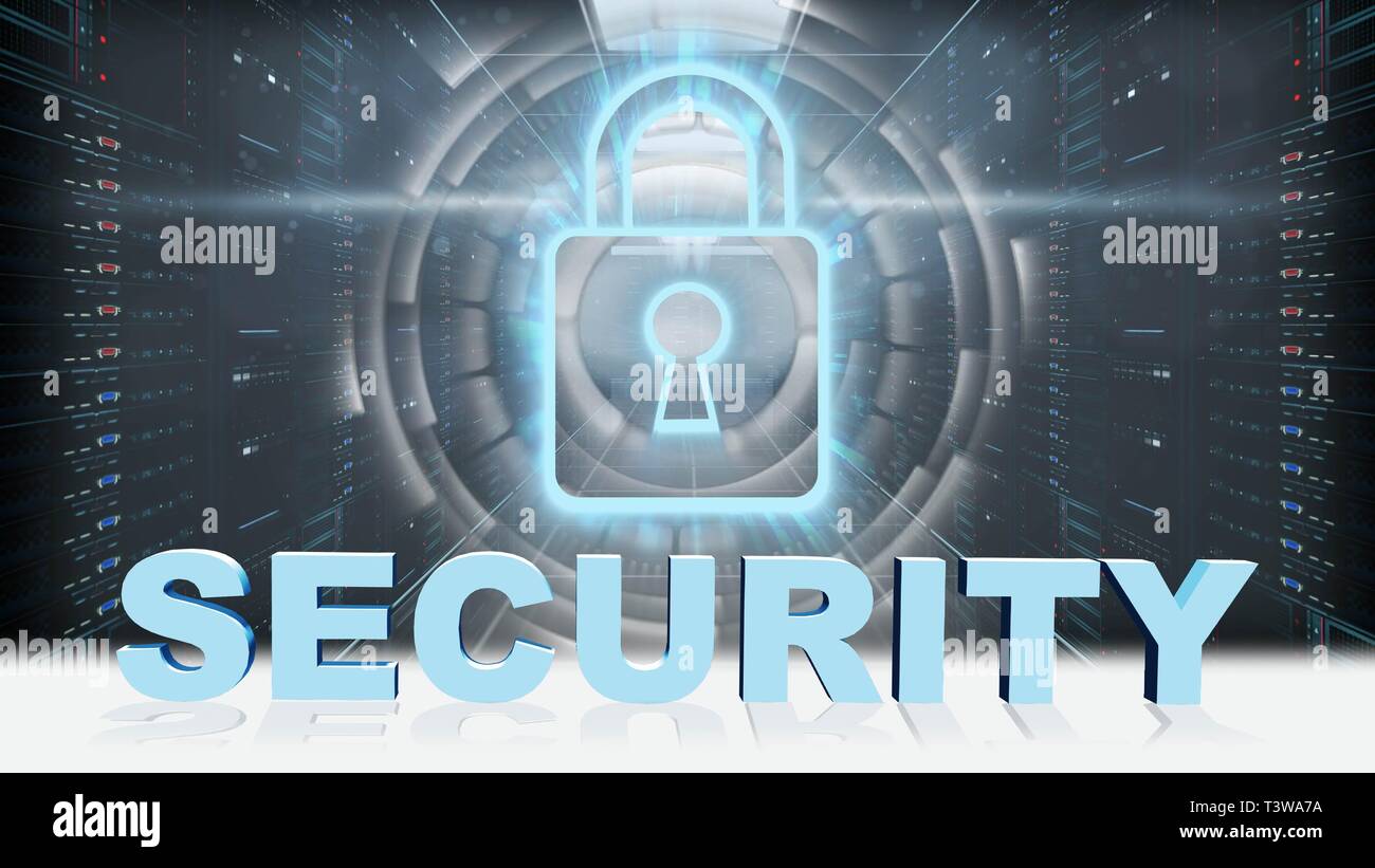 SECURITY - 3D letters in front of digital screen padlock on server room ...