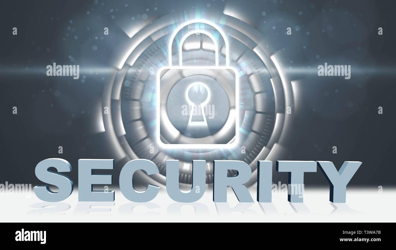 SECURITY - 3D letters in front of digital screen padlock - 3D rendering ...