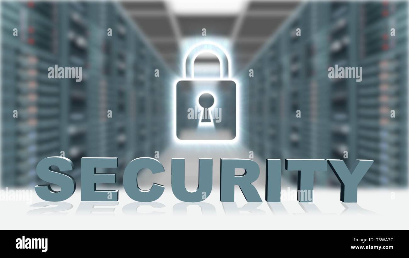 SECURITY - 3D letters in front of digital screen padlock on server room ...
