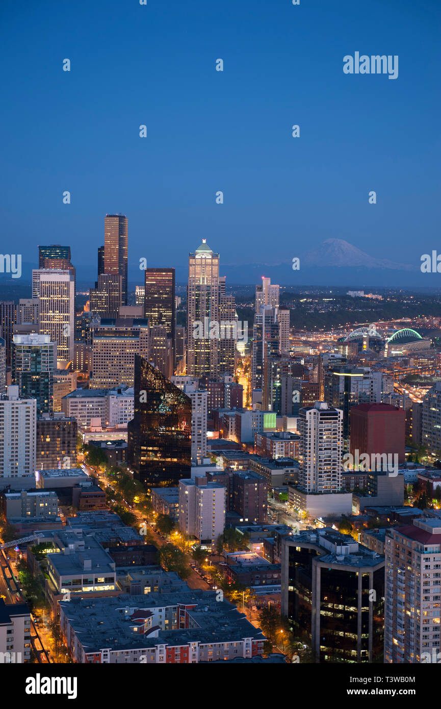Aerial view of Seattle skyline lit up at night, Washington, United ...