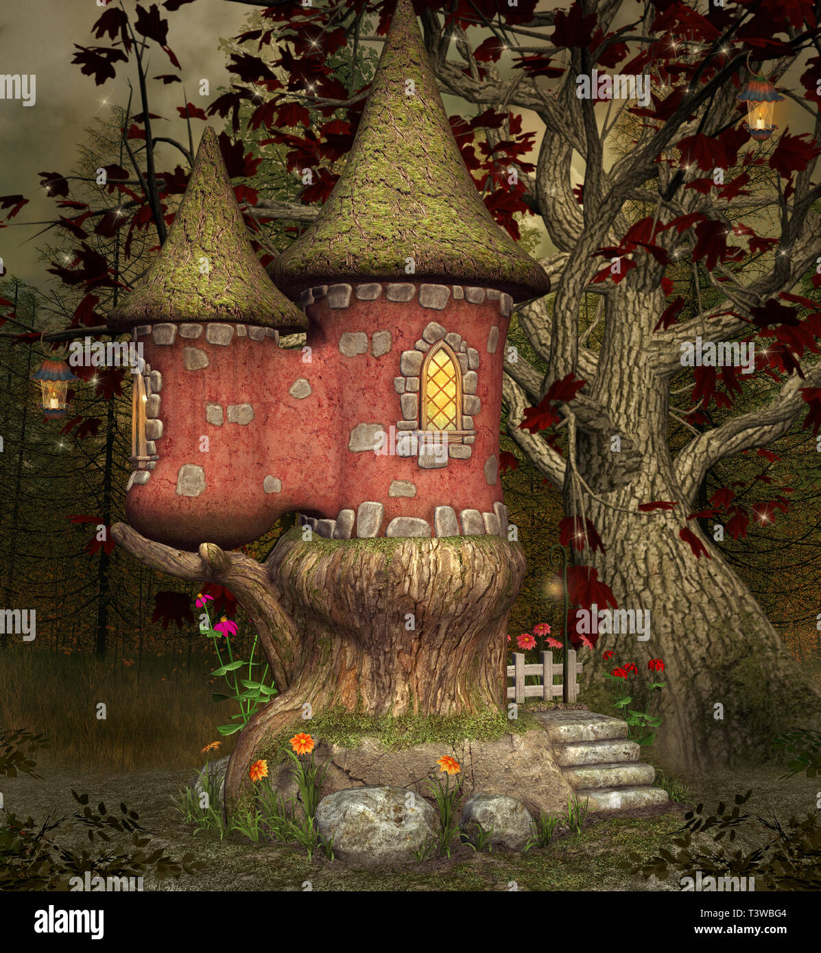 Fairytale elf palace in the misty forest Stock Photo - Alamy