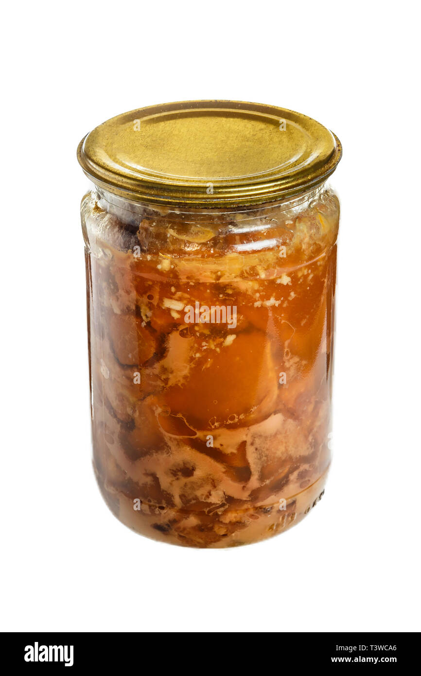 Canned meat in a glass jar, isolated, white background Stock Photo - Alamy