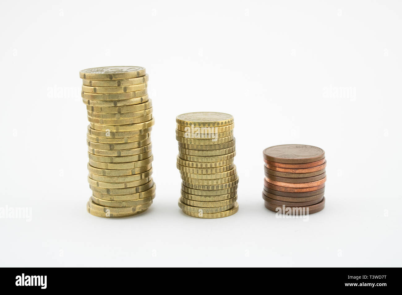 Stack of euro cents coins of different value on white background ...
