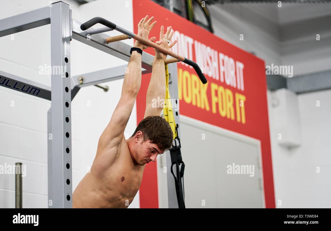 Tom Daley working out in the gym at the Aquatics centre at the Queen ...