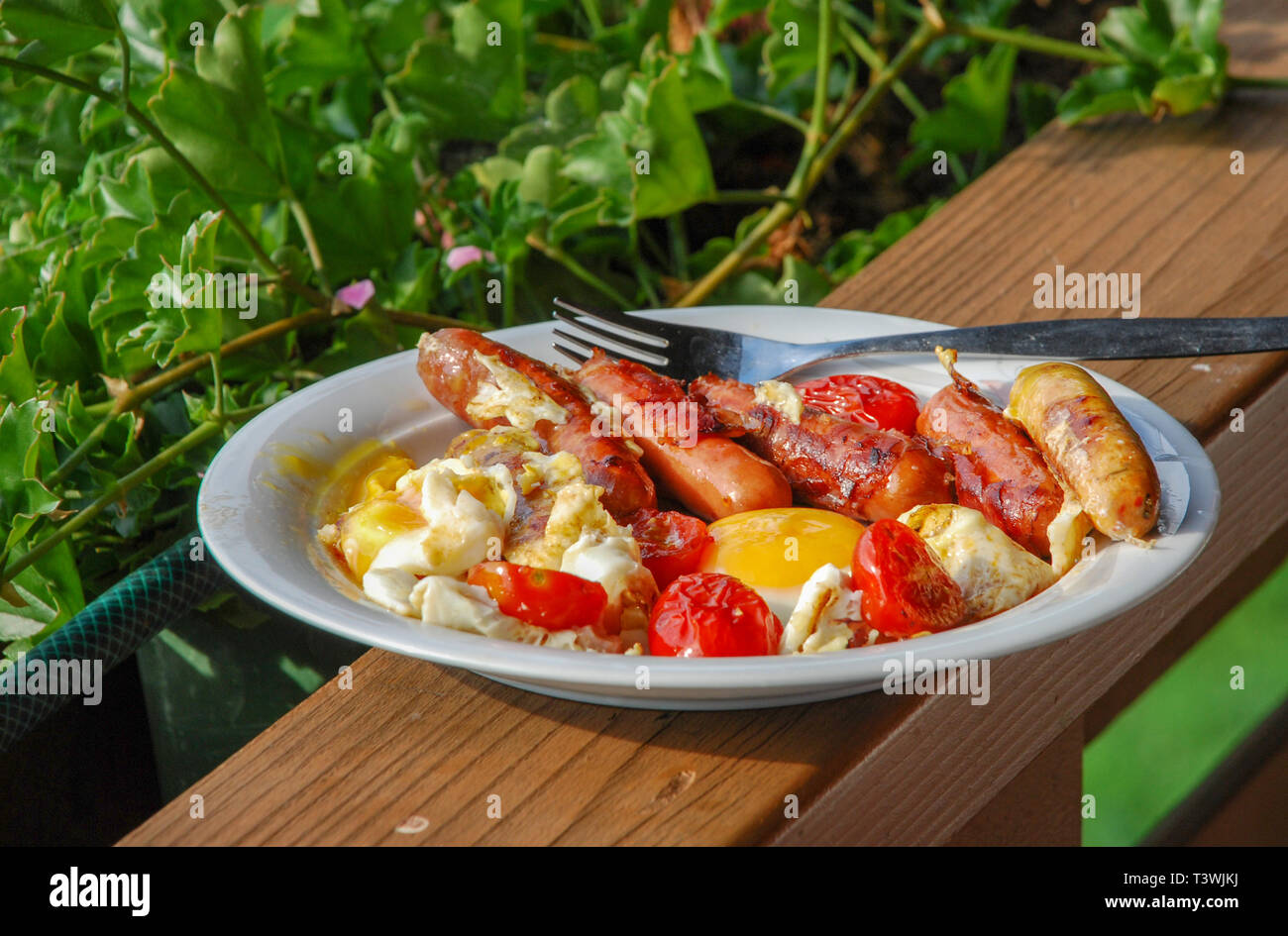 Austrian Breakfast, fried eggs, fried sausages, fried tomatoes Stock ...