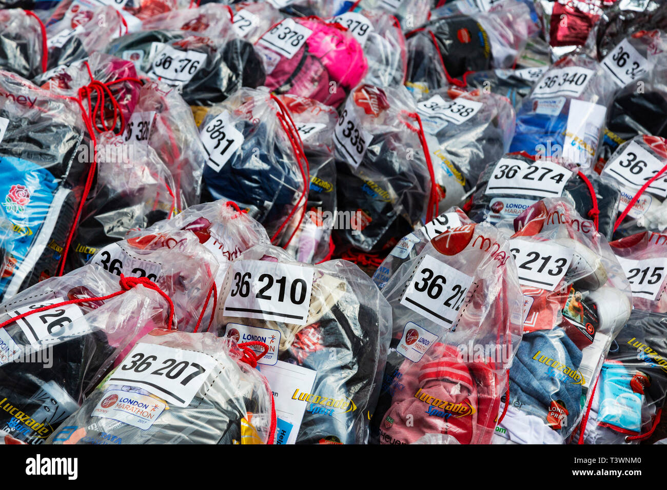London Marathon, numbered bags after the finish line with items ...