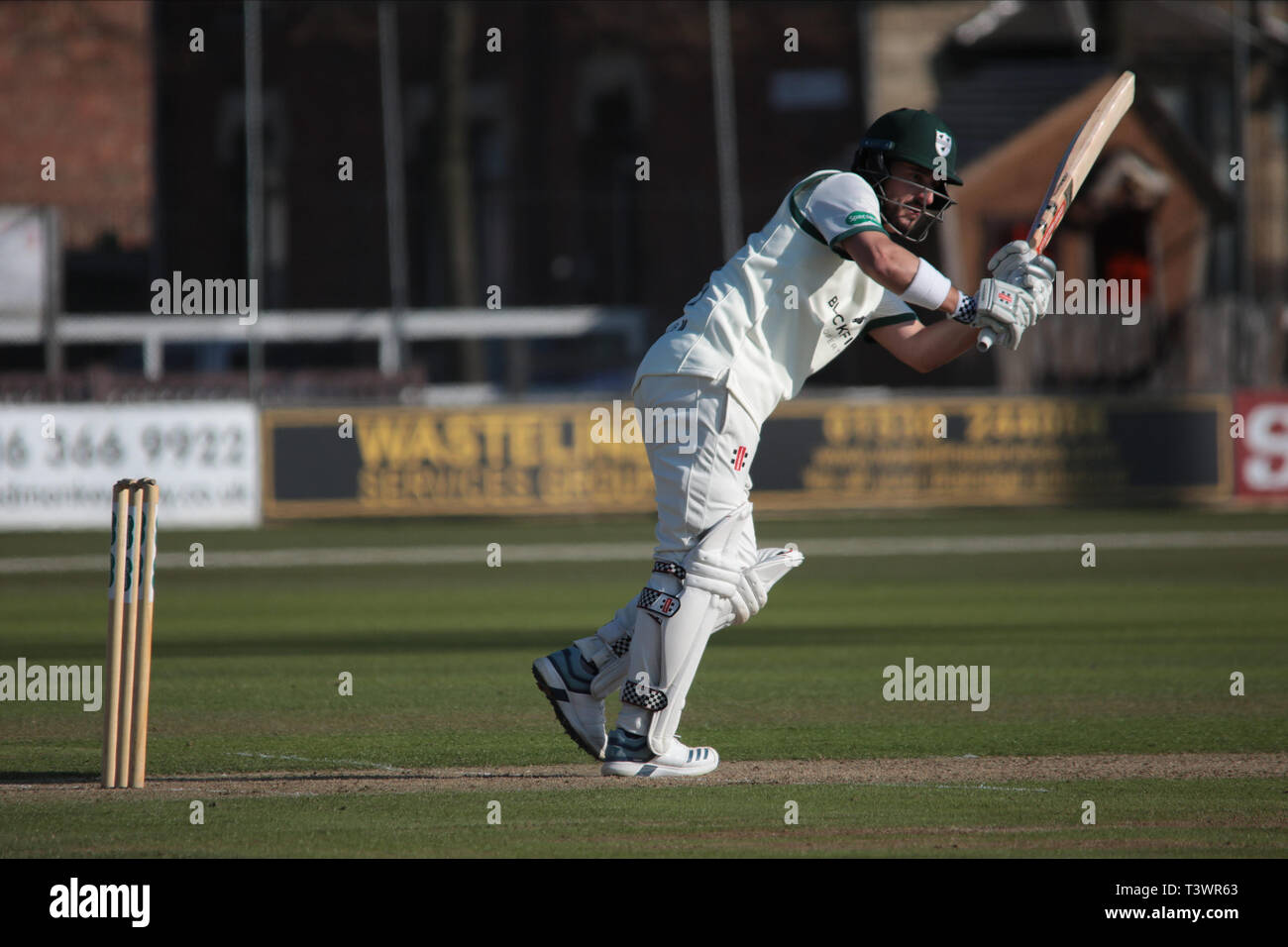 Leicester, UK. 11th April , 2019. Hamish Rutherford batting during the ...