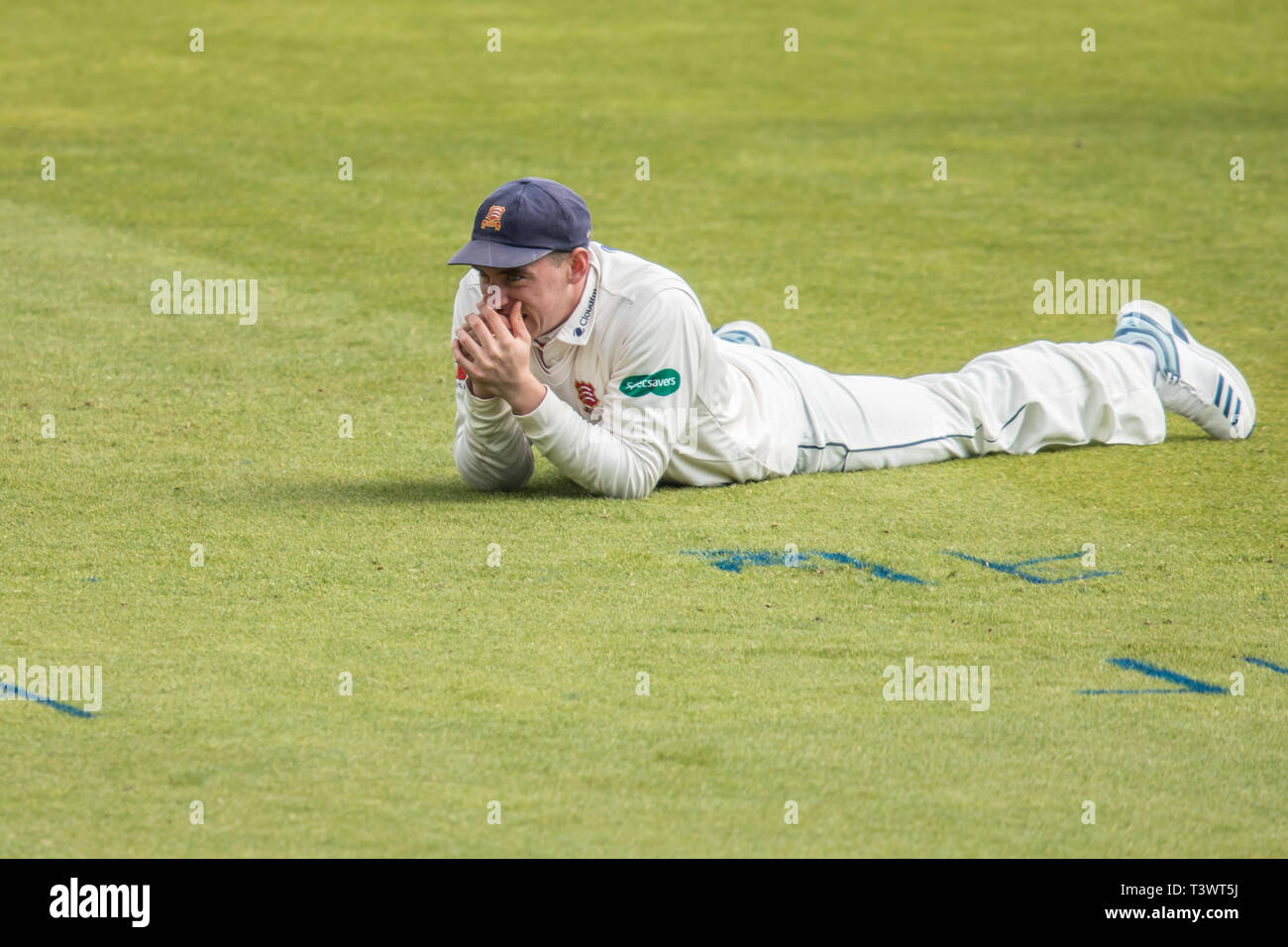 London, UK. 11th Apr, 2019. Dan Lawrence looks on after one goes ...