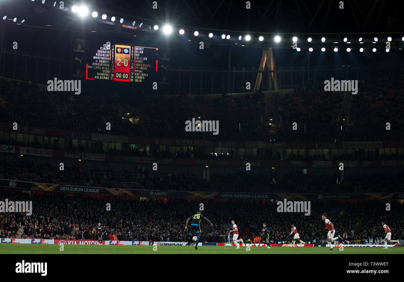 London, UK. 11th Apr, 2019. Scoreboard displays 2-0 at the end of 90 ...