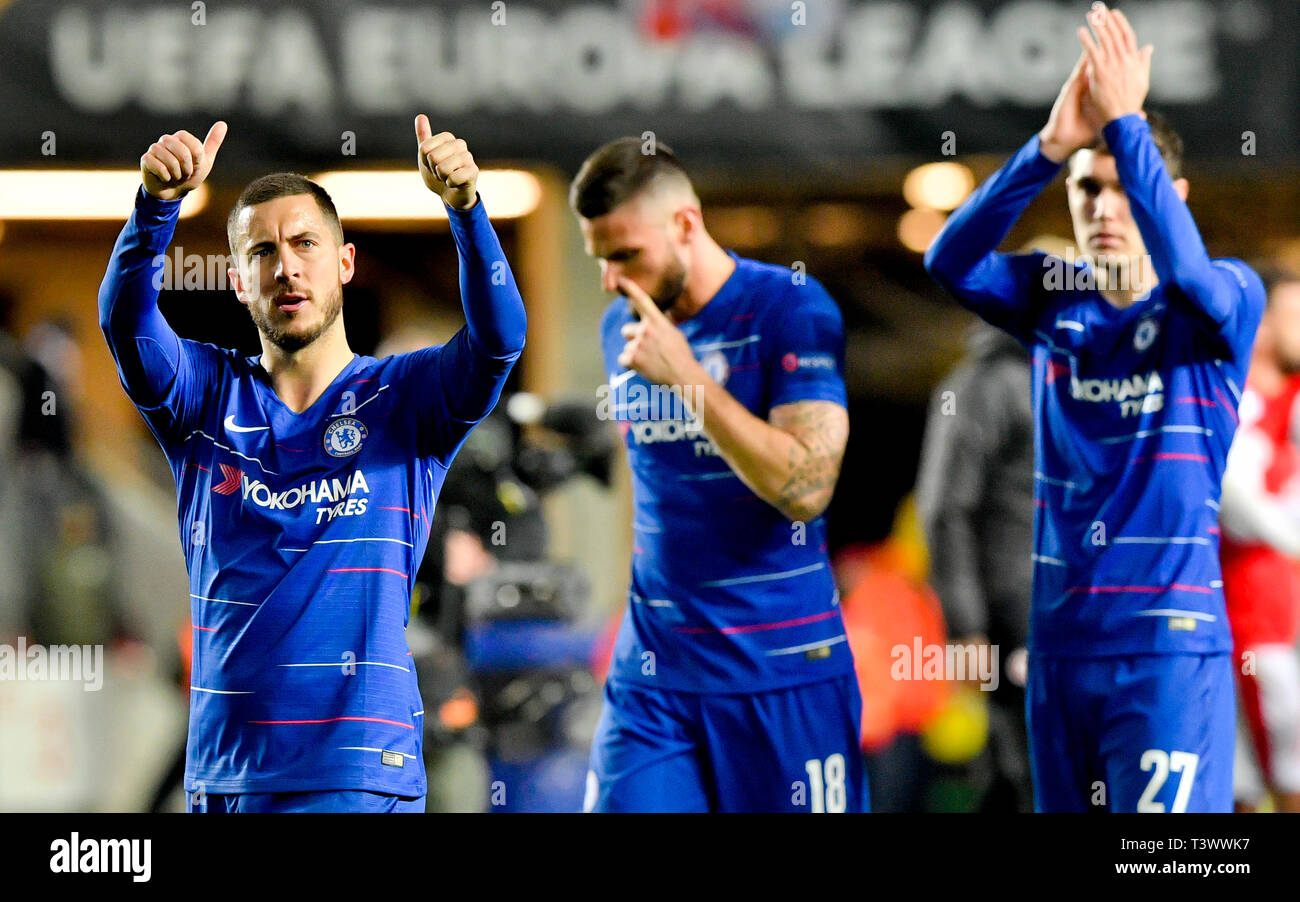Prague, Czech Republic. 11th Apr, 2019. EDEN HAZARD of Chelsea (left ...