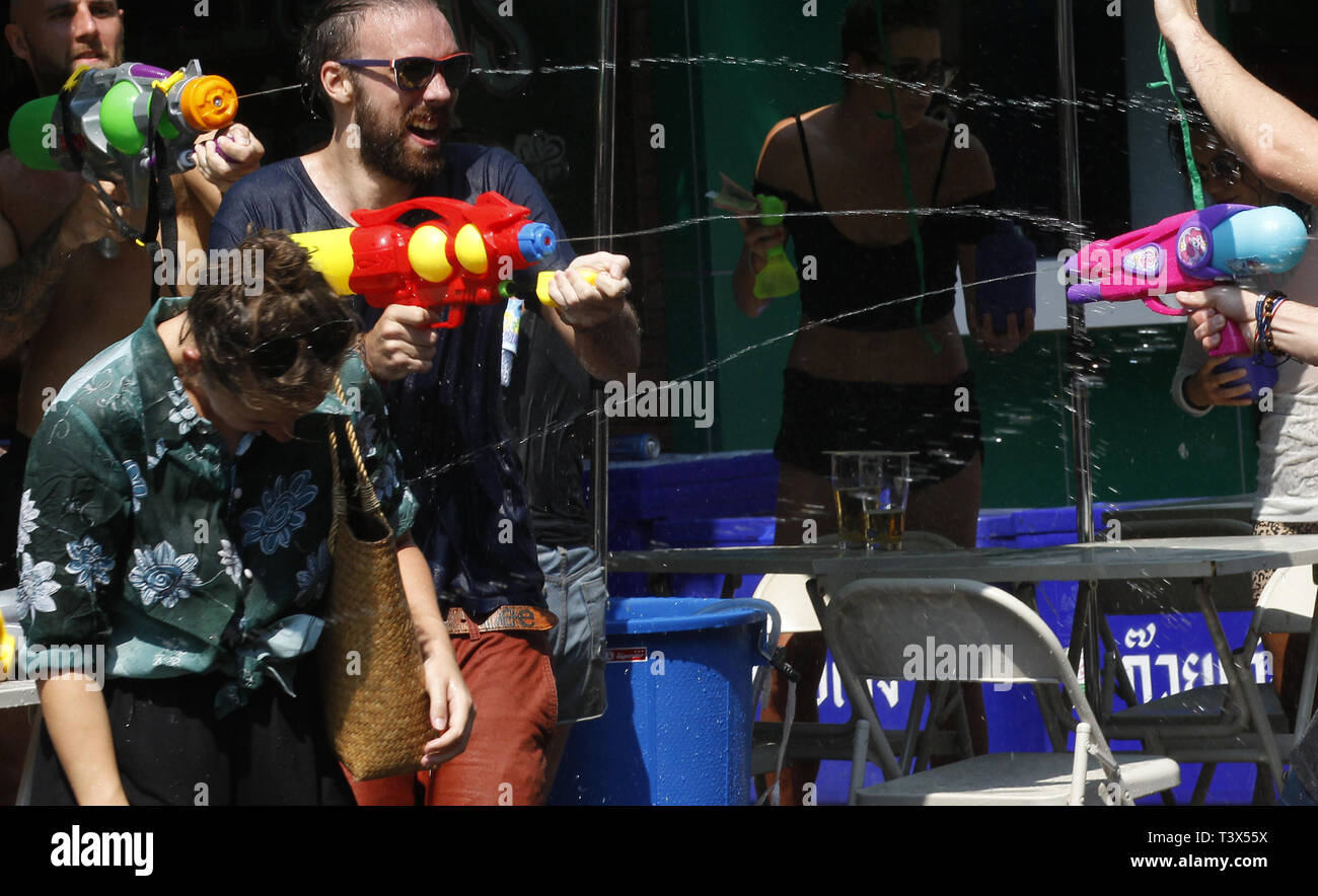 Bangkok, Thailand. 12th Apr, 2019. Tourists seen using water guns ...