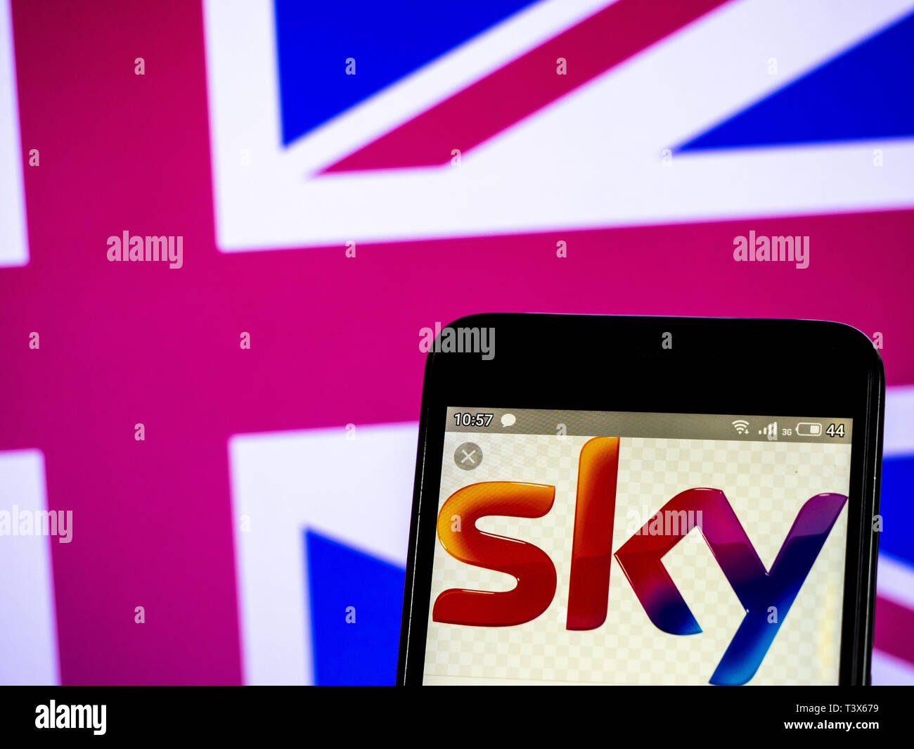 April 12, 2019 - Ukraine - In this photo illustration a British Sky ...