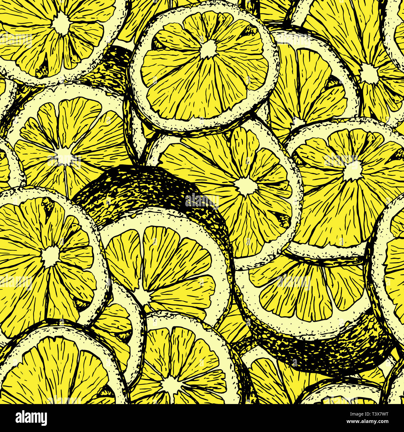 Fresh lemons hand drawn seamless pattern. Sliced citrus ink pen outline drawing. Fruit slices ...