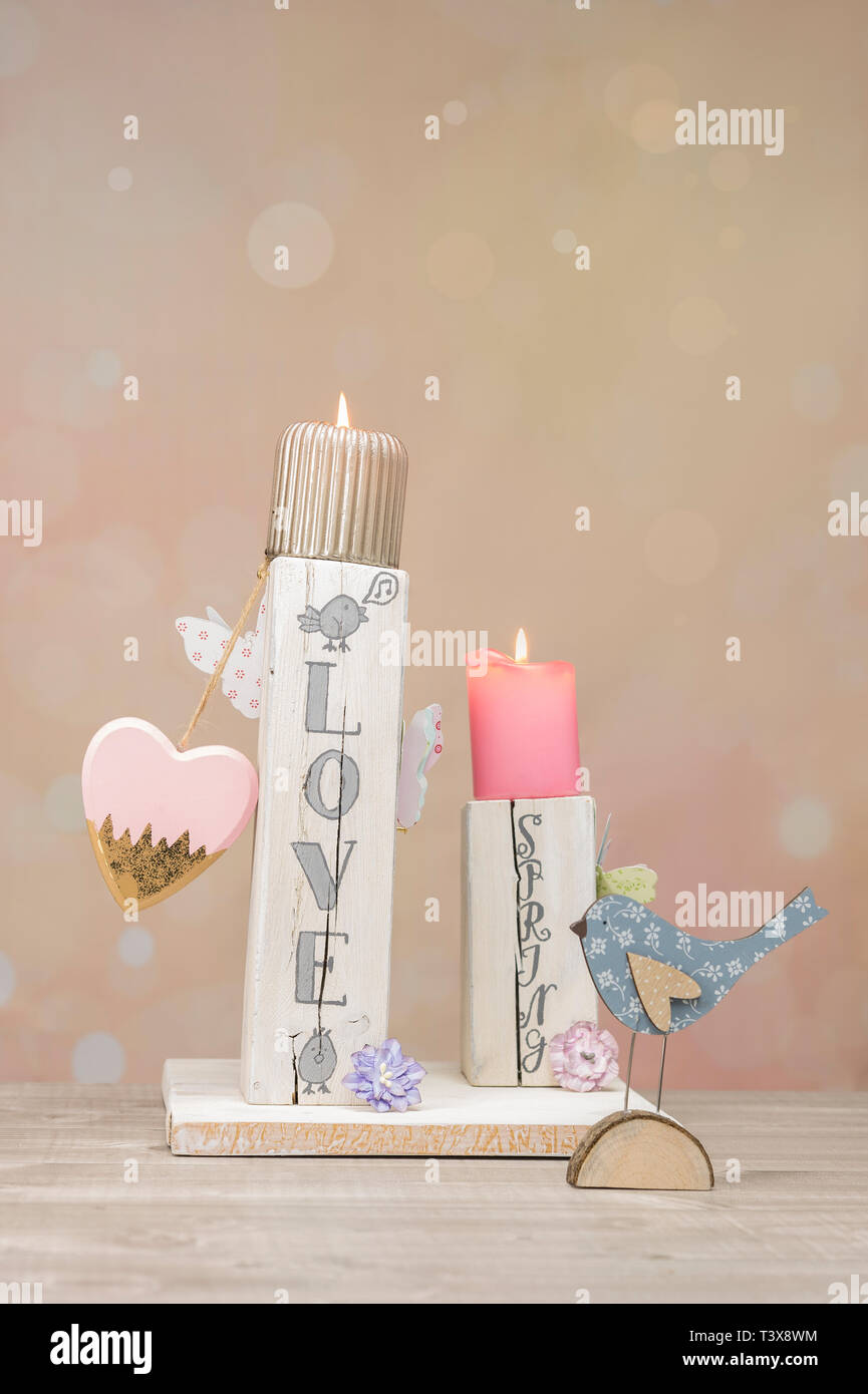 Homemade table decoration for the spring. Squared timbers painted white ...