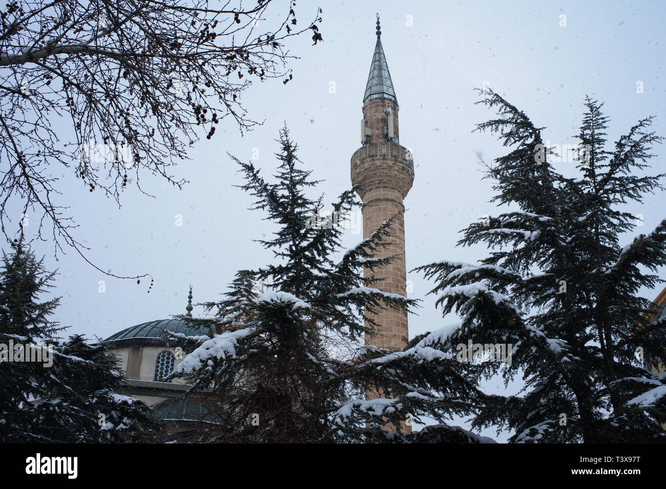 mosque and minaret. winter. It's snowing. worship continues Stock Photo ...