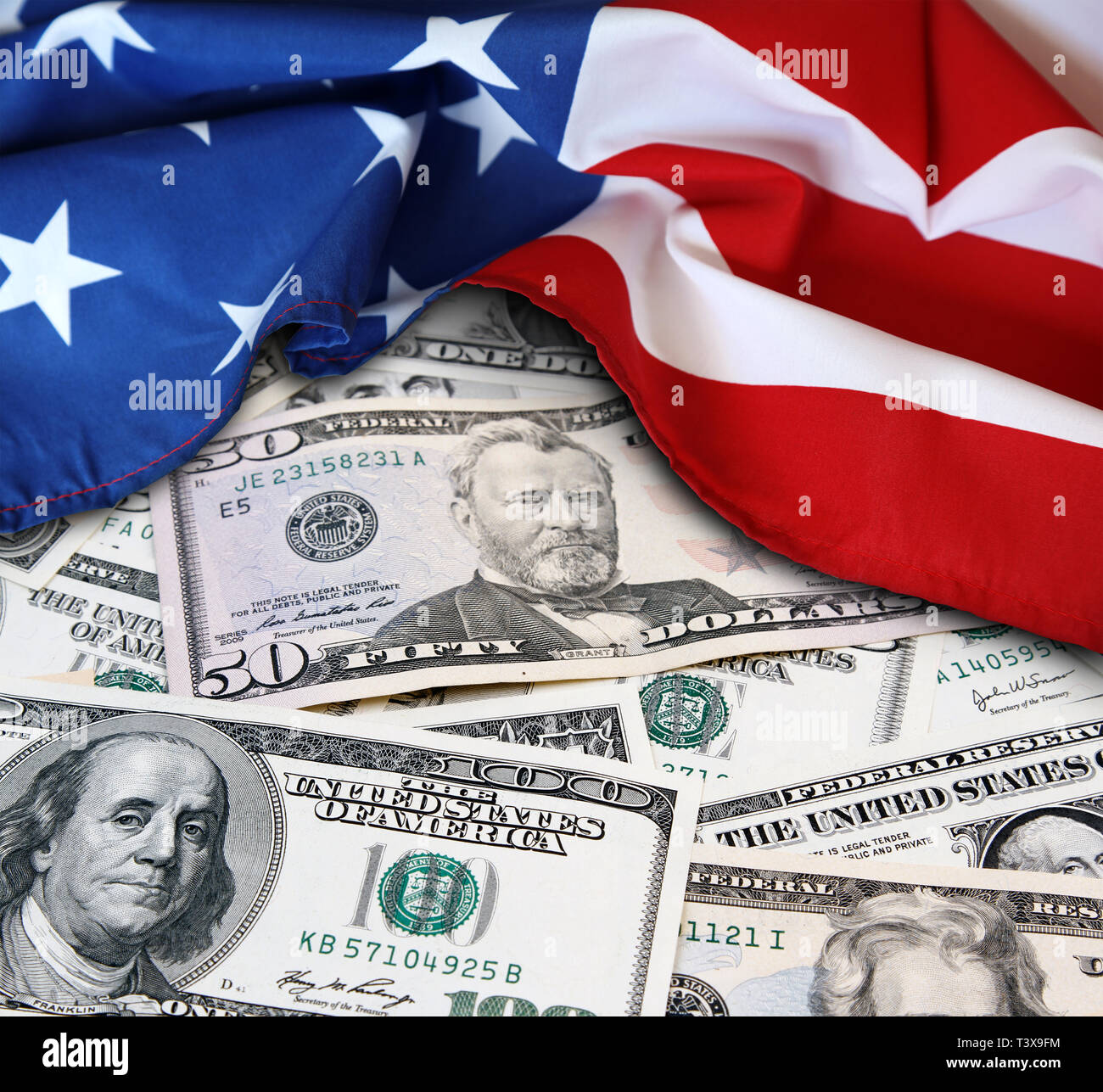 American flag and assorted American banknotes Stock Photo - Alamy