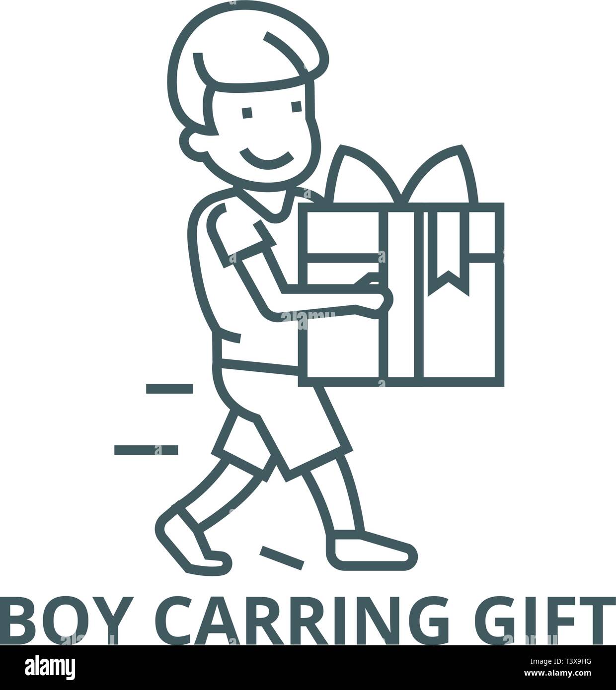 Boy carring gift line icon, vector. Boy carring gift outline sign ...