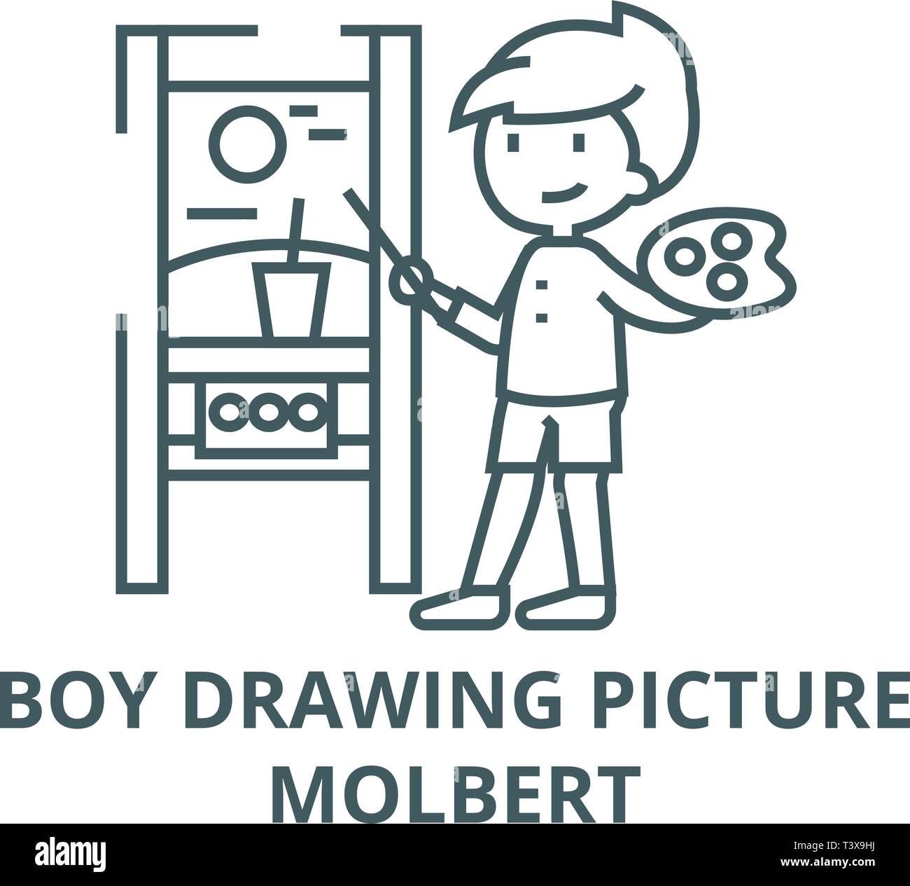 Boy drawing picture,molbert line icon, vector. Boy drawing picture ...