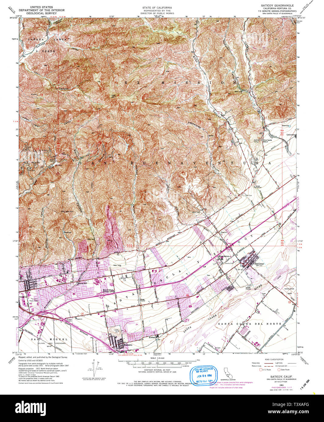 USGS TOPO Map California CA Saticoy 295099 1951 24000 Restoration Stock ...
