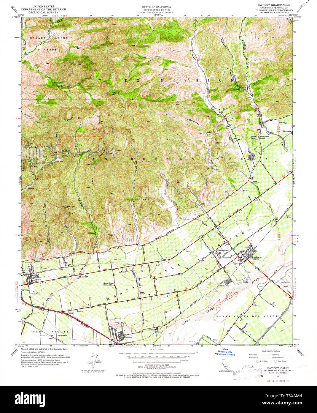 USGS TOPO Map California CA Saticoy 300342 1951 24000 Restoration Stock ...