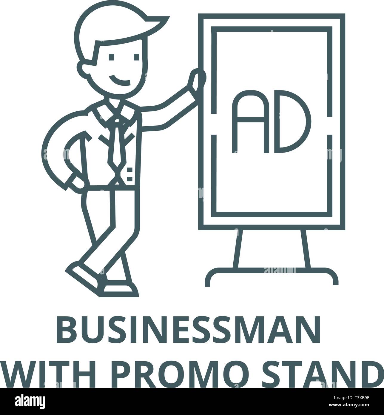 Businessman with promo stand line icon, vector. Businessman with promo ...