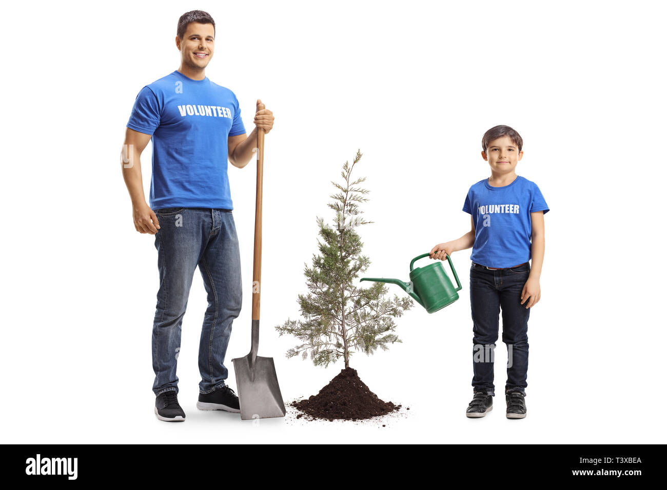 Full length portrait of a young man volunteer with a shovel and a boy ...