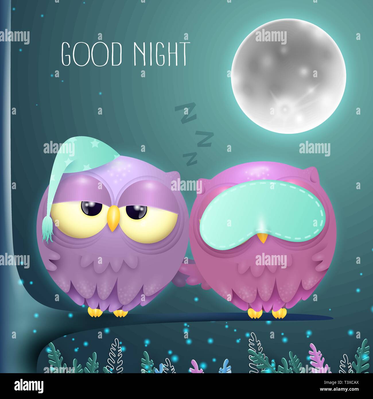 sleepy owls couple on a branch with a full moon night background Stock ...