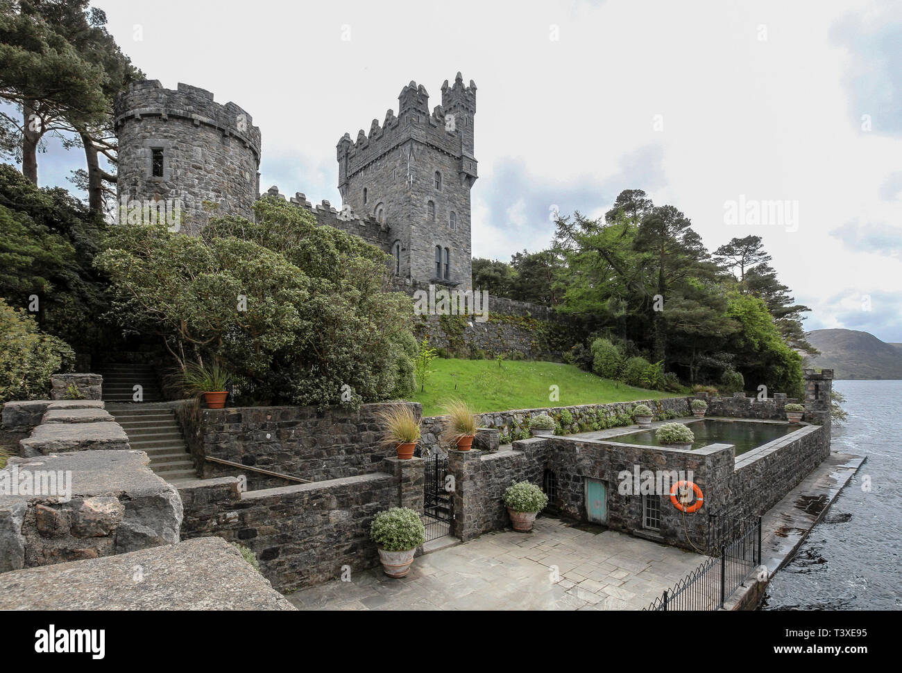 The open-air swimming pool and walls of Glenveagh Castle in Glenveagh ...
