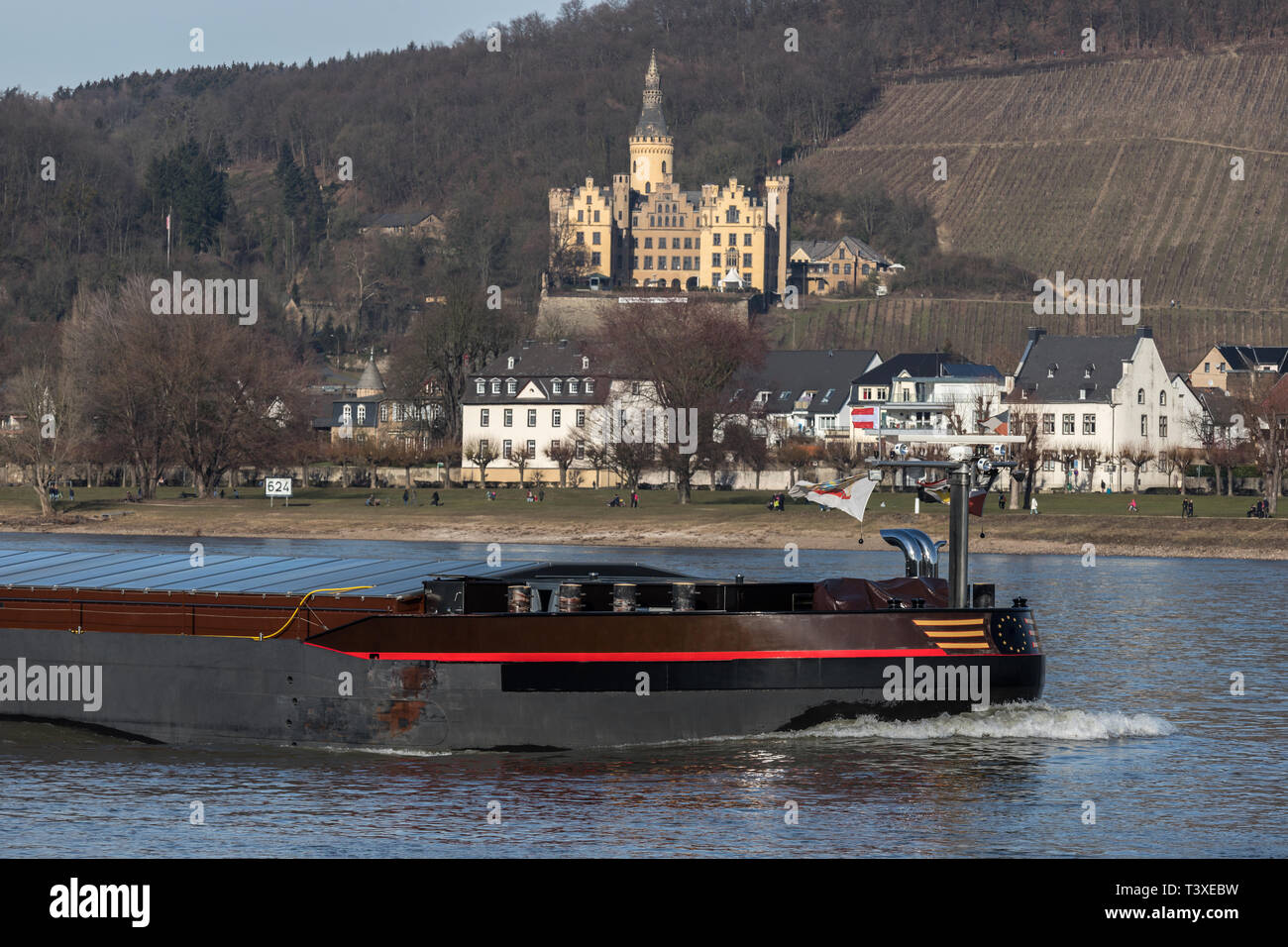 rhine river landscape with ship and castle Stock Photo - Alamy