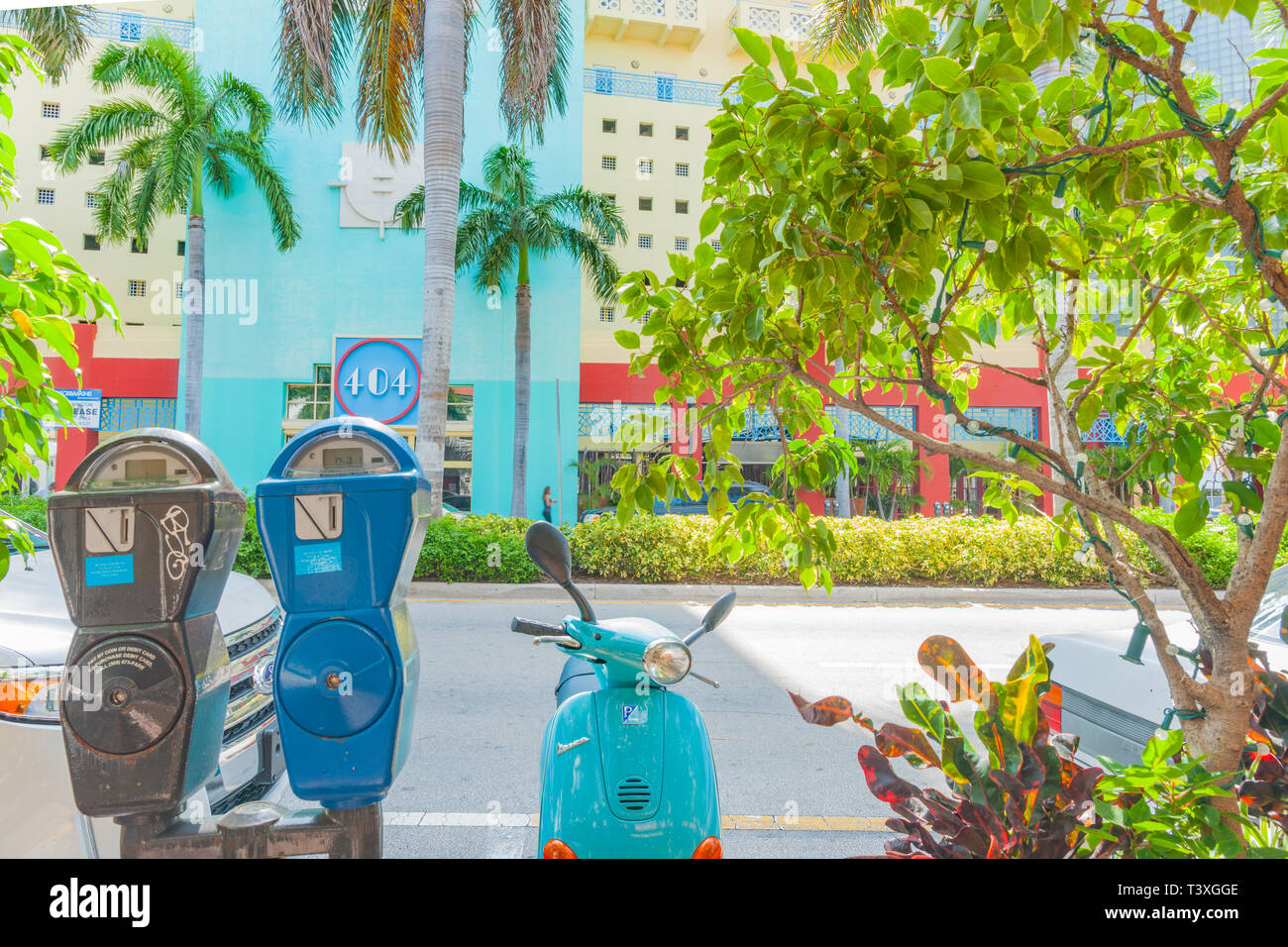MIAMI USA - JUNE 28 2012; Colorful street scene of art deco colors ...