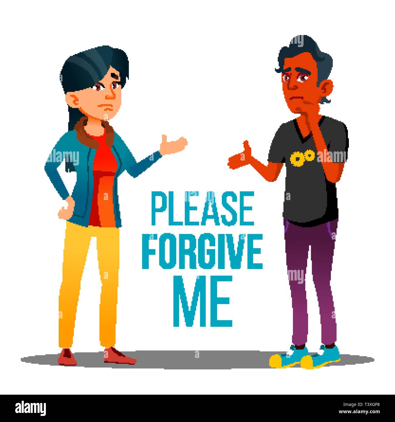 Man And Woman Asking Forgiveness Vector Cartoon Poster Stock Vector ...