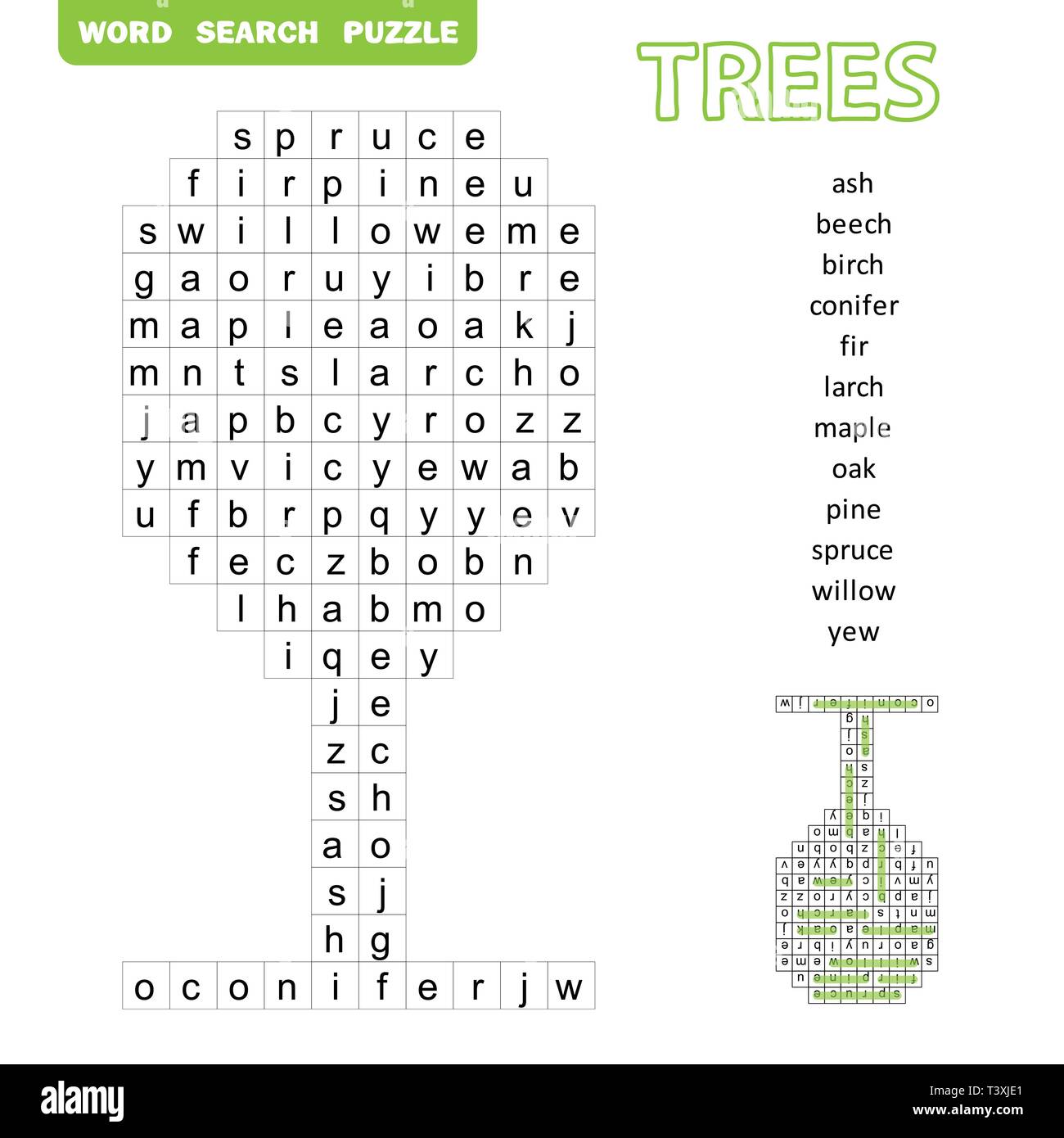 Trees themed word search puzzle. Fun education game for kids, preschool ...