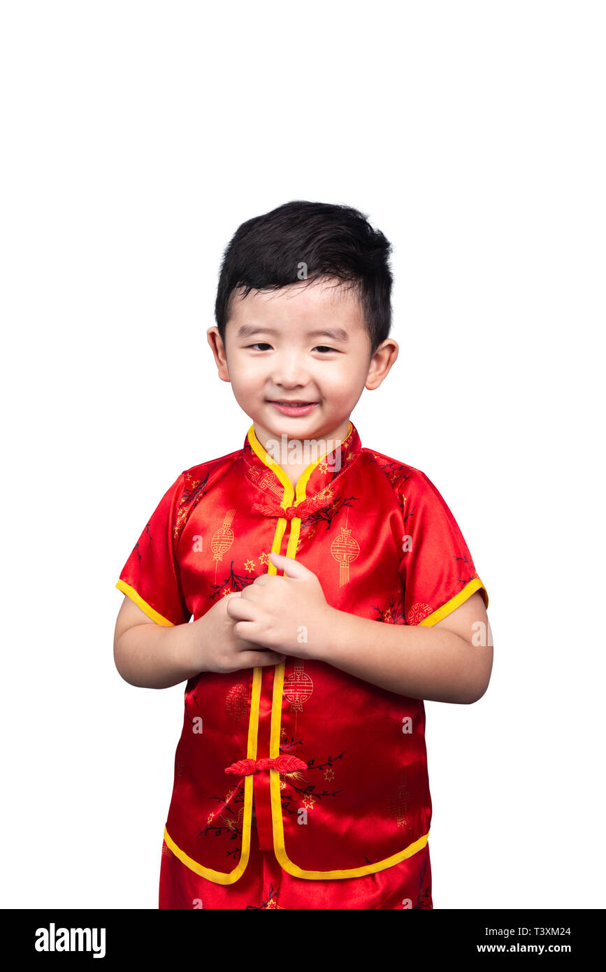 Chinese New Year Concept, Cute Asian boy in red traditional Chinese ...