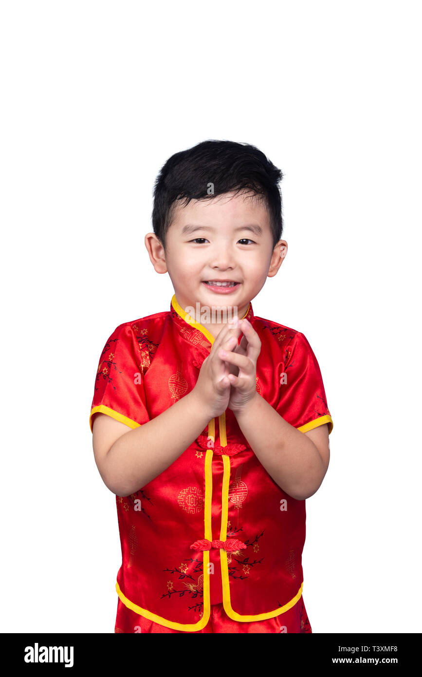 Chinese New Year Concept, Cute Asian boy in red traditional Chinese ...