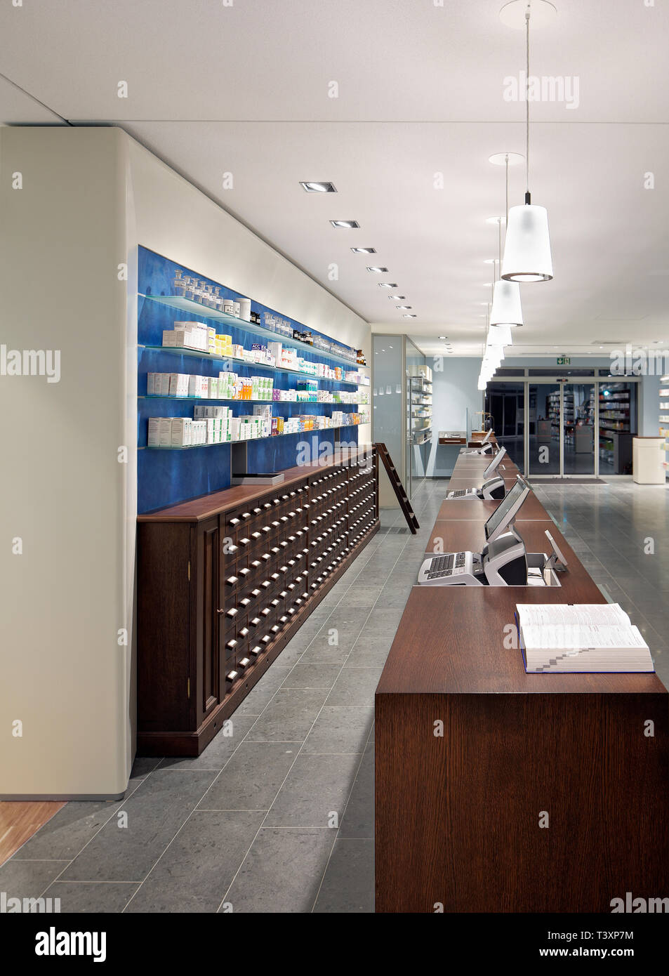 Interior of empty modern pharmacy Stock Photo - Alamy