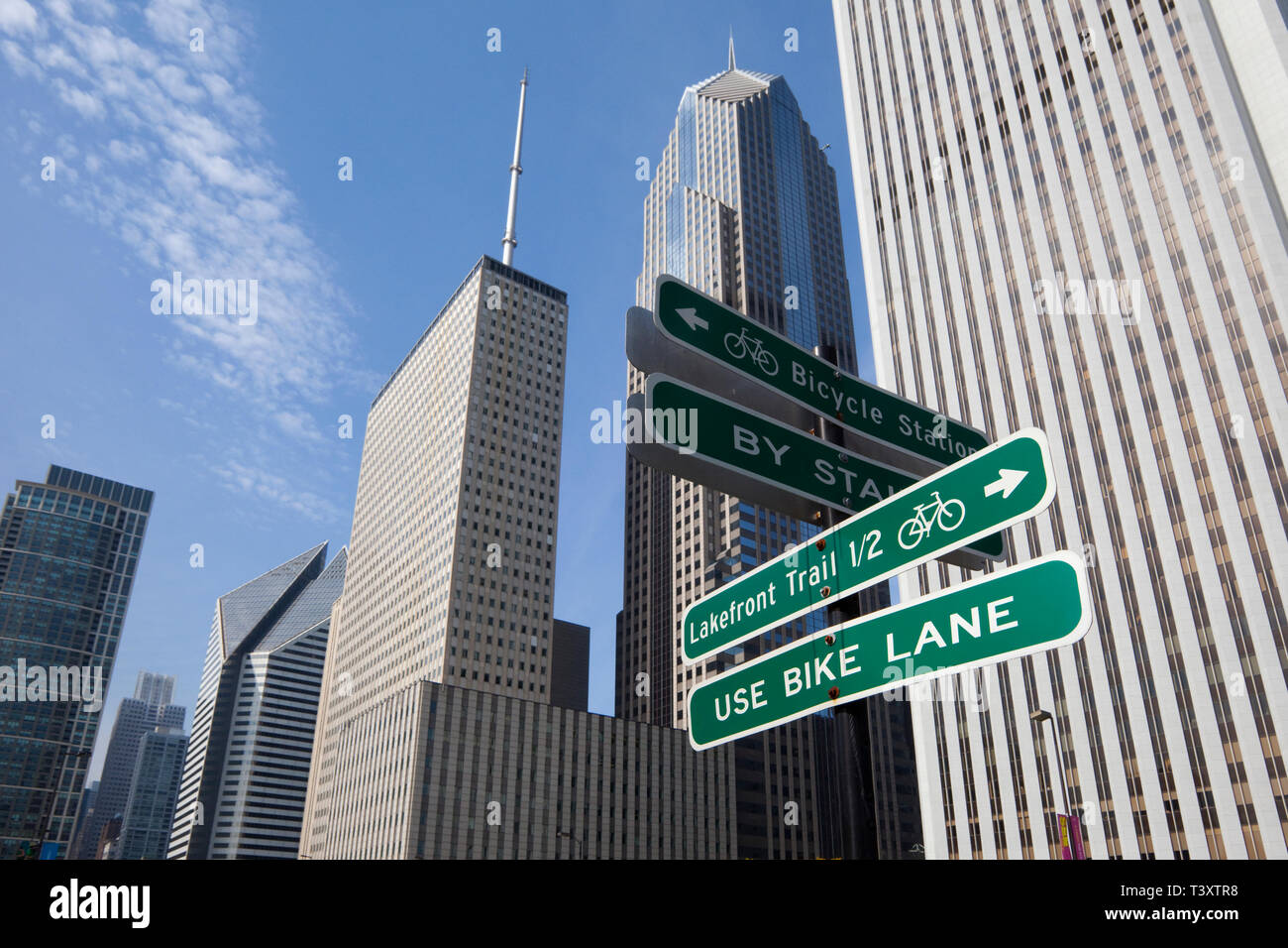Close up of road signs on Chicago city street, Chicago, United States ...