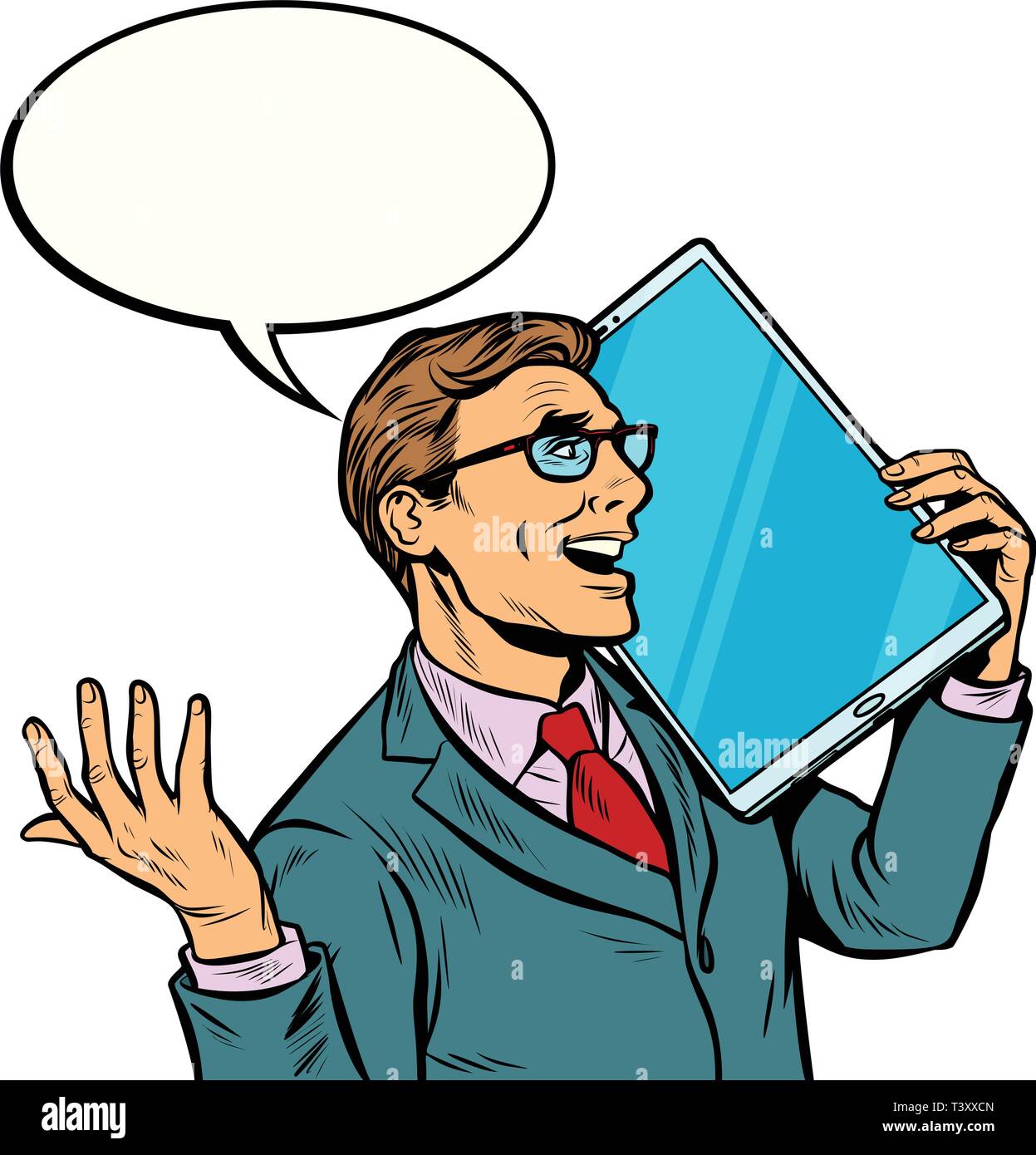 Businessman talking on the phone with a very large screen, tablet ...