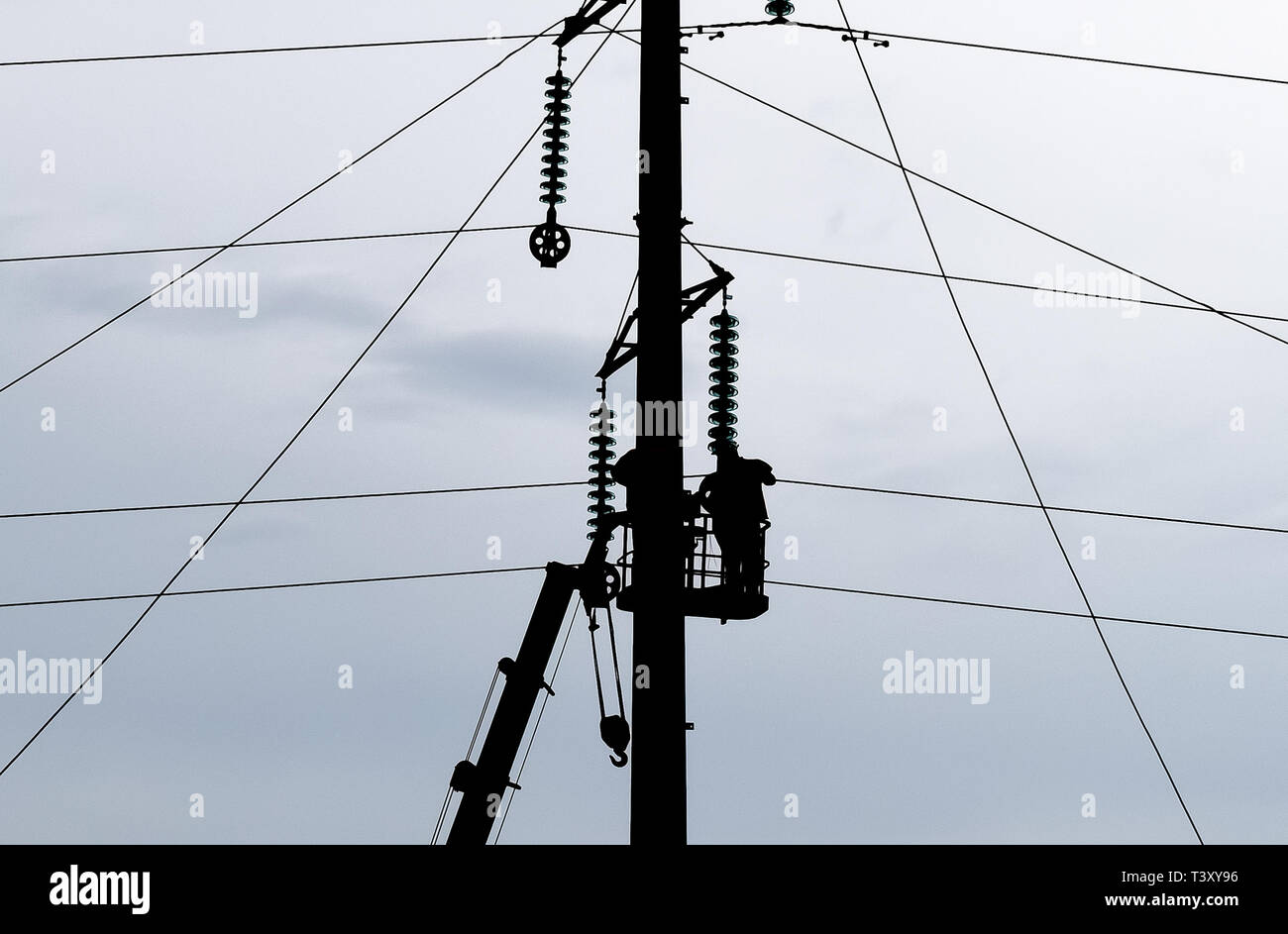 Power line support, insulators and wires. Appearance of a design ...