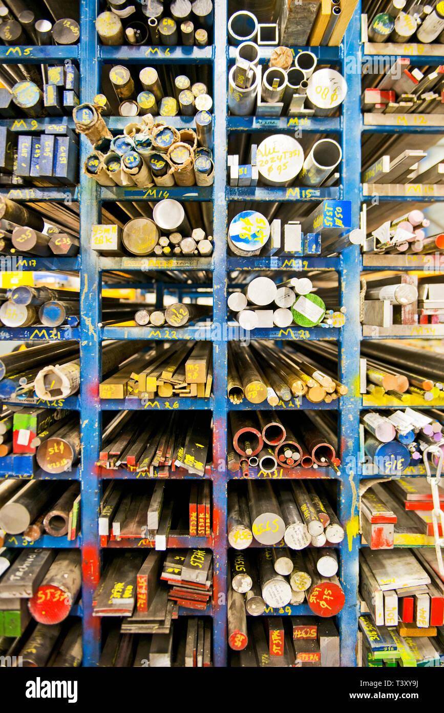 Shelves of aluminum, steel and copper beams Stock Photo - Alamy