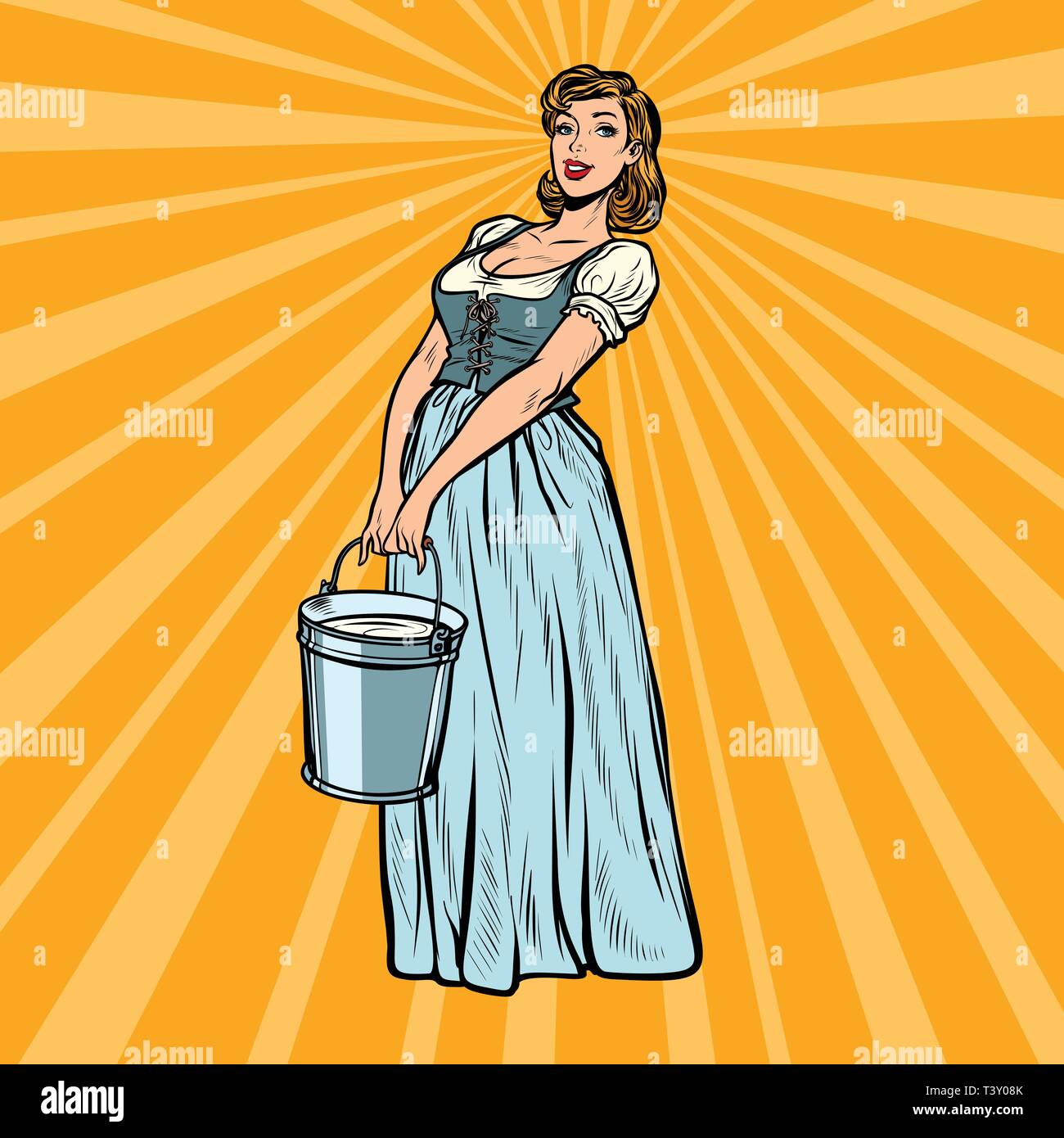 village woman with a bucket of water. Pop art retro vector illustration ...