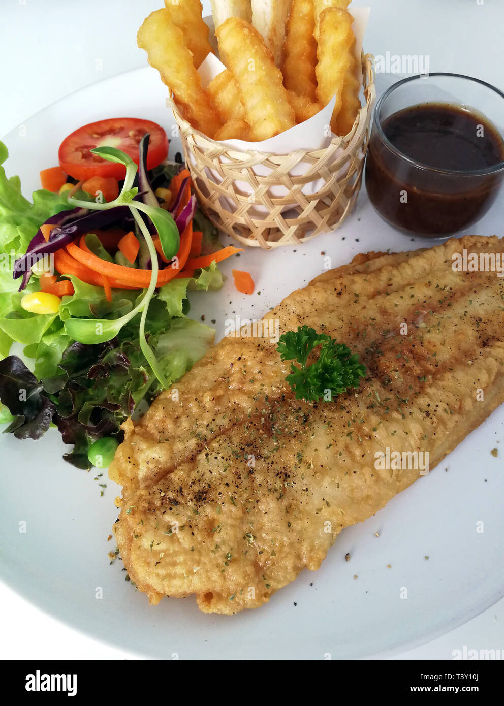 Deep Fried Dolly Fish Steak with French fries set Stock Photo - Alamy