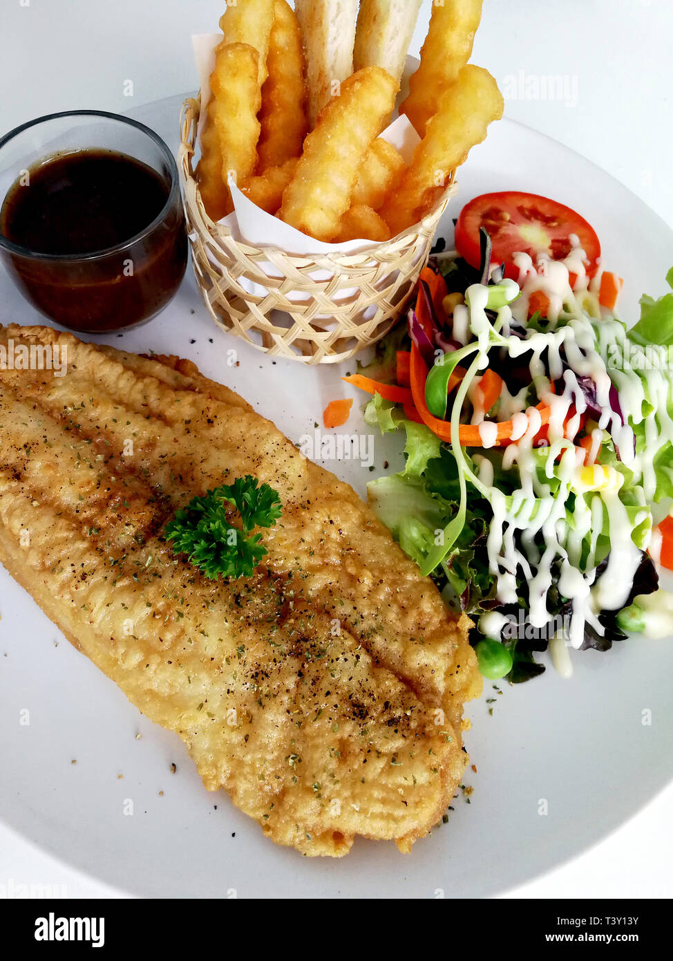 Deep Fried Dolly Fish Steak with French fries set Stock Photo - Alamy