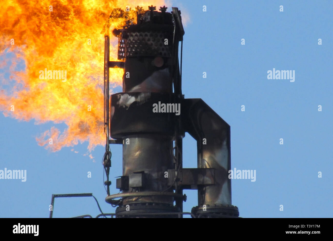 System of a torch on an oil field. Burning through a torch head Stock ...