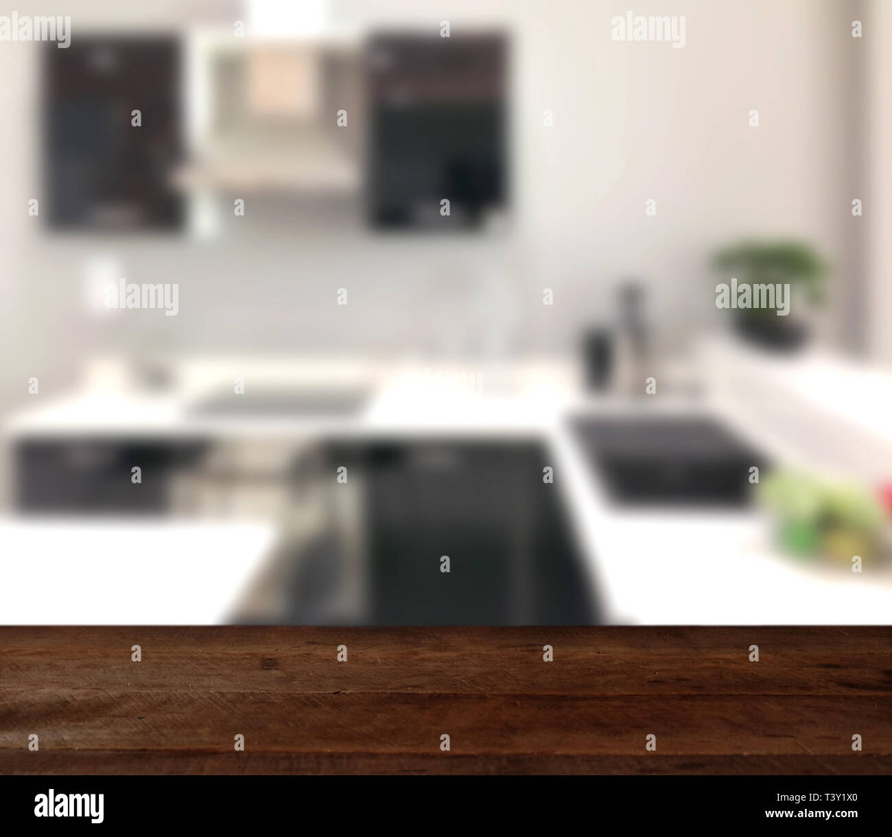 wood table on blur modern living room interior background - can used ...