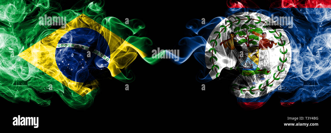 Brazil vs Belize, Belizean smoke flags placed side by side. Thick ...