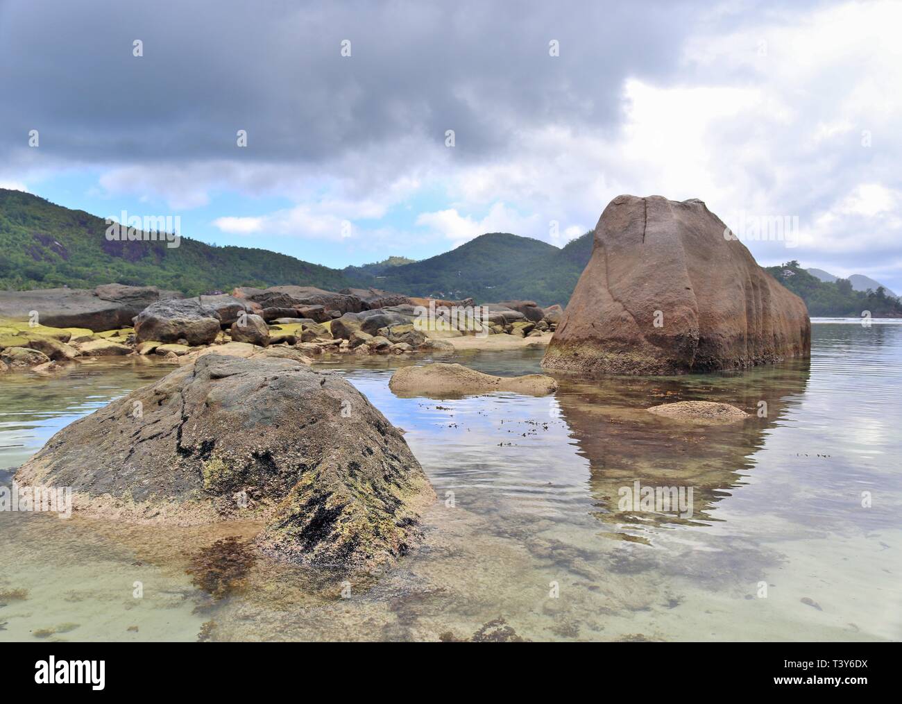 Beautiful rock formations at the beach on the paradise island ...