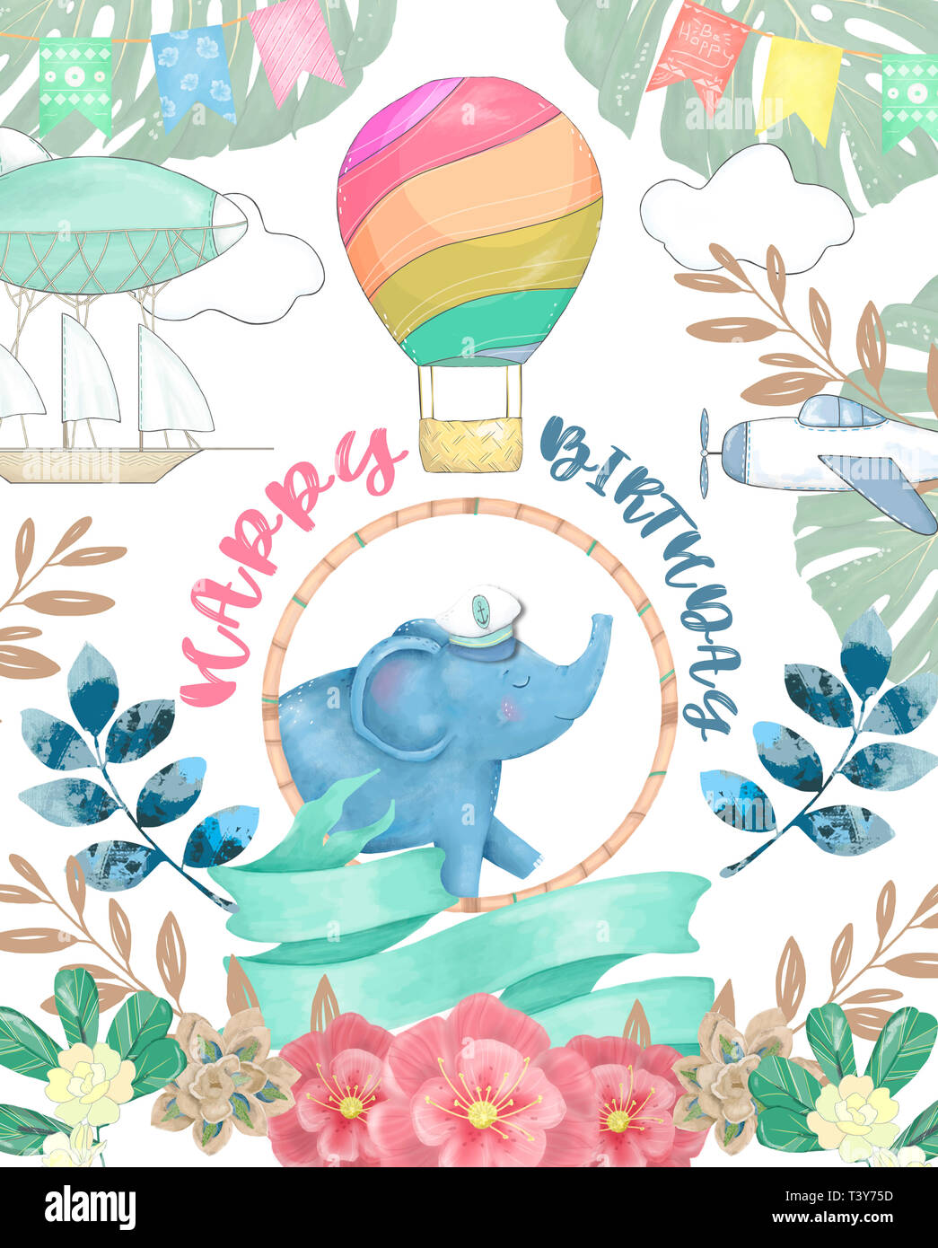 Happy birthday card with cute Elephant Watercolor animal. Cute baby ...