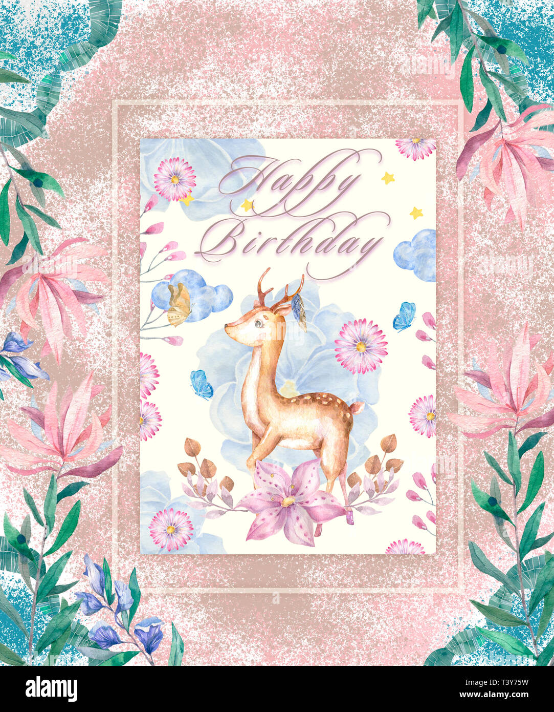 Cute baby deer and roccoon with tasty cake animal isolated illustration ...